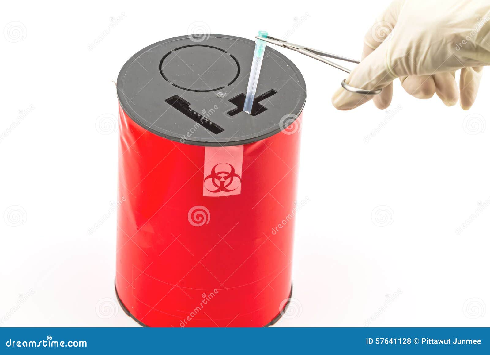 Doctor Put Needle in Red Disposal Boxes on White Background Stock Photo ...