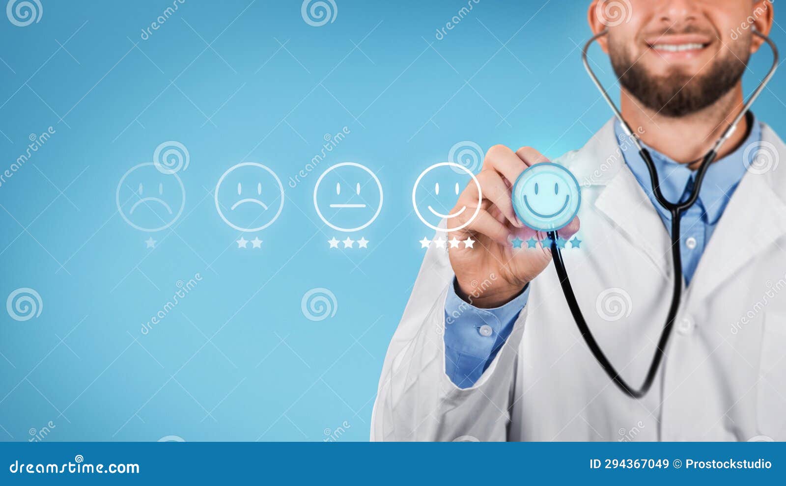 Doctor Selecting Positive Feedback with Stethoscope Smiley Stock Image ...