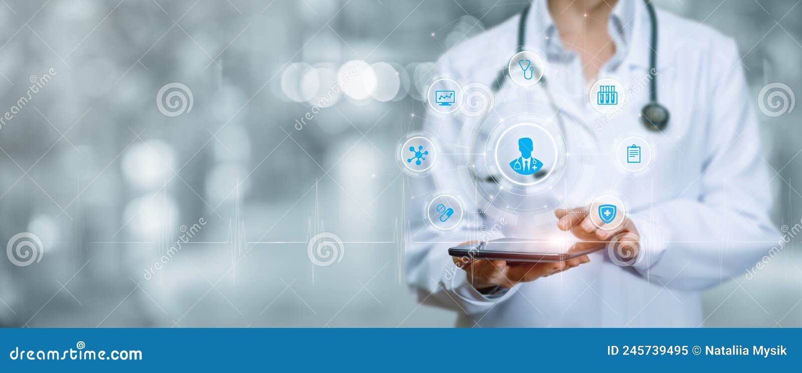 Doctor Showing Programs Interface on Virtual Computer Screen Stock ...