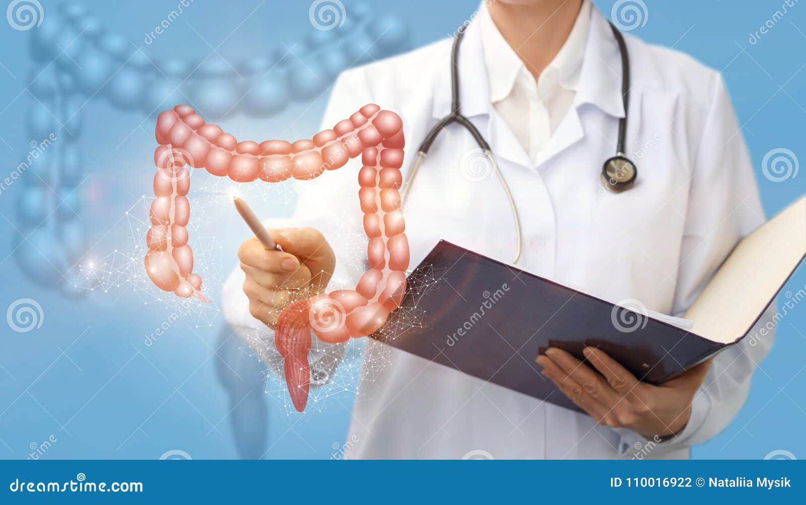 Doctor shows colon . stock photo. Image of profession - 110016922