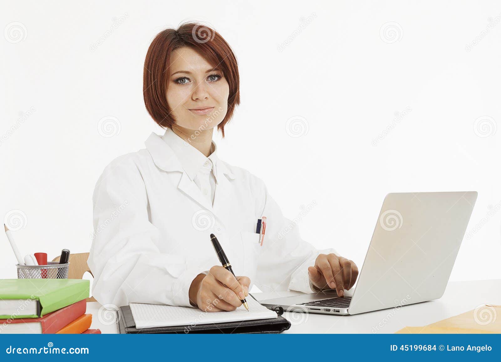 Doctor Sitting Behind Her Desk Stock Photo - Image of doctors, nurse ...