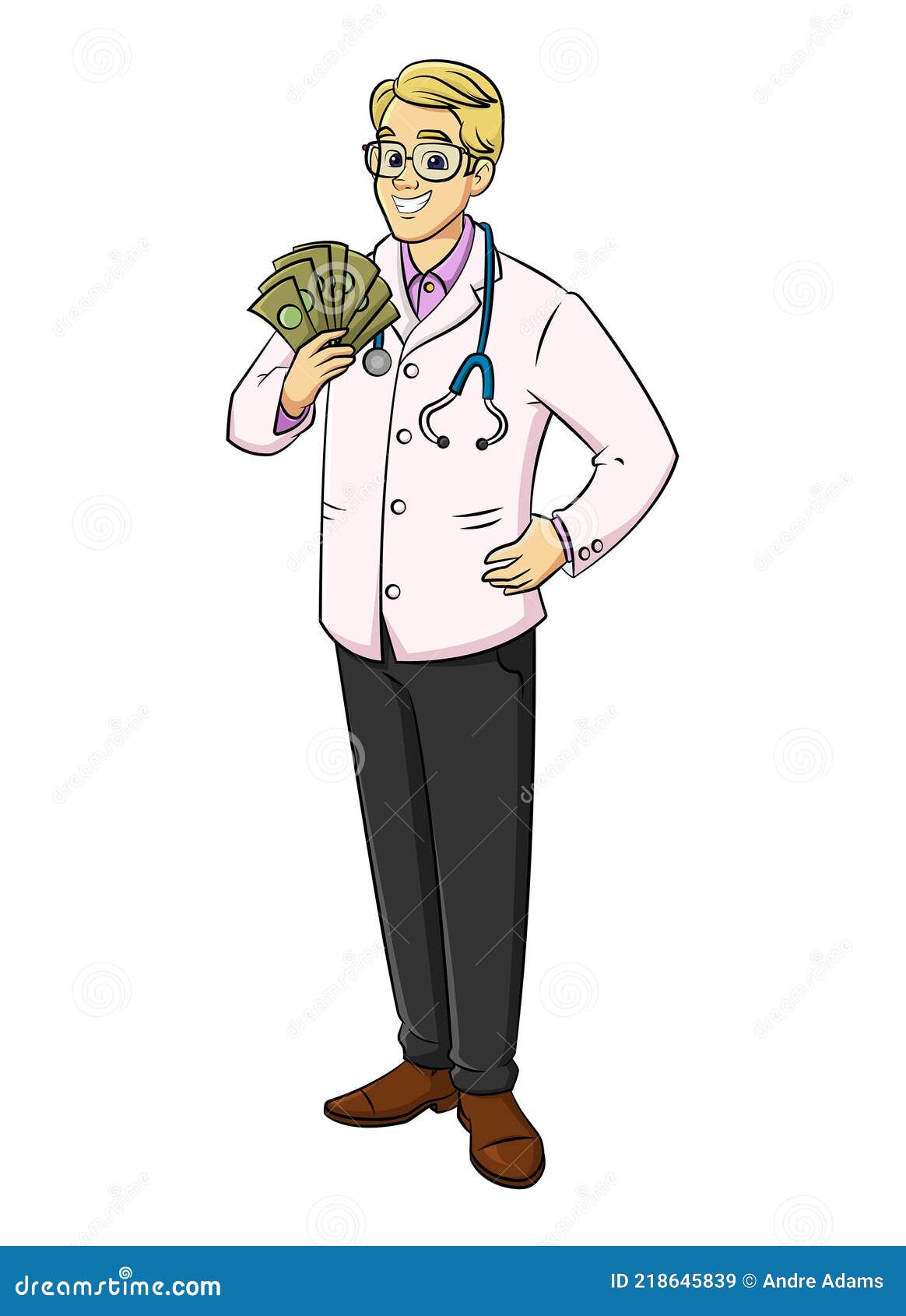Doctor Smiling Holding Bill with Dollar Signs Stock Vector ...