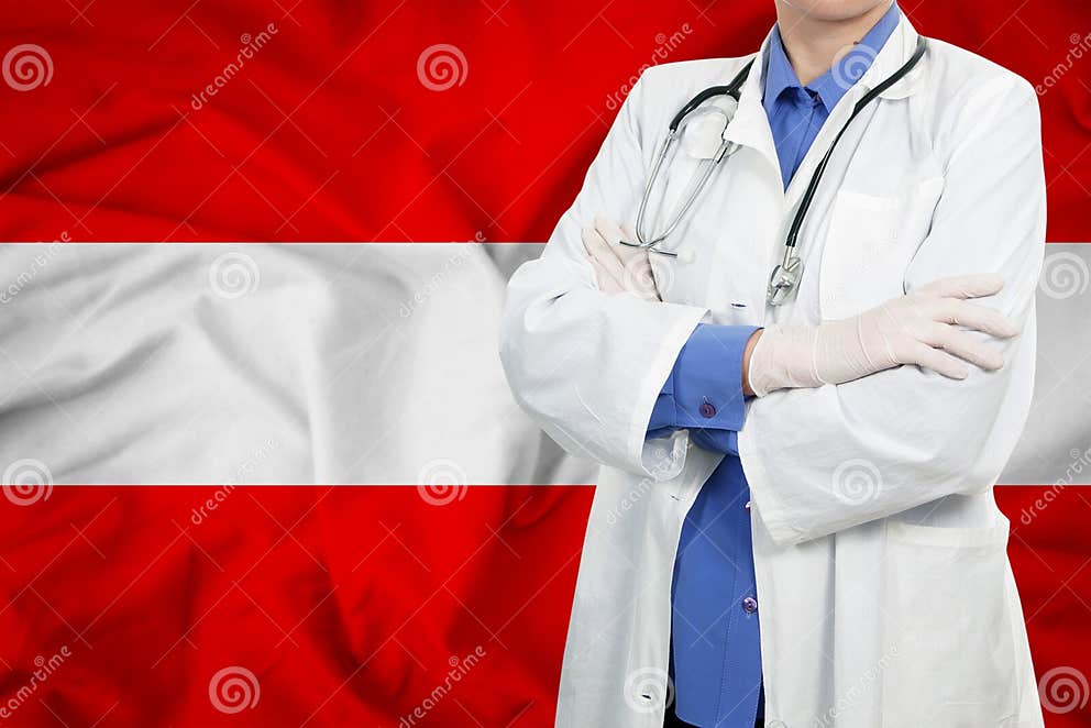 Doctor standing with flag stock image. Image of country - 230852575