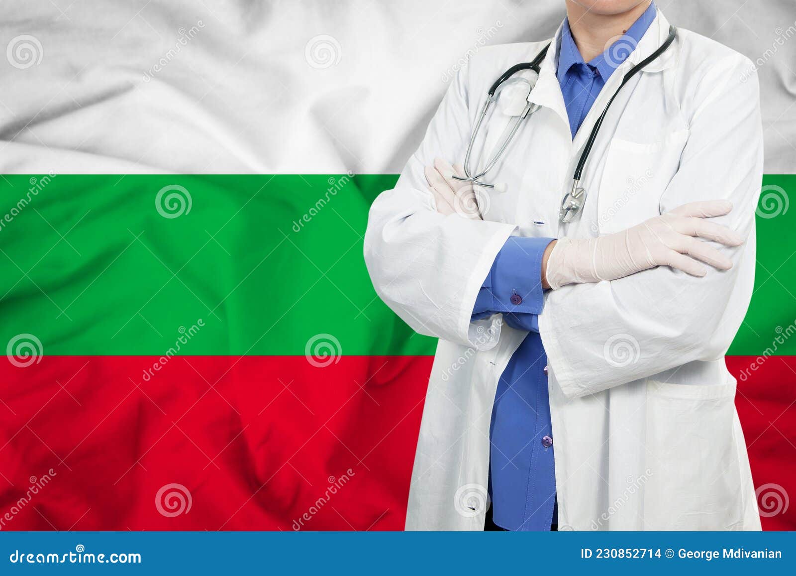 Doctor standing with flag stock photo. Image of disease - 230852714
