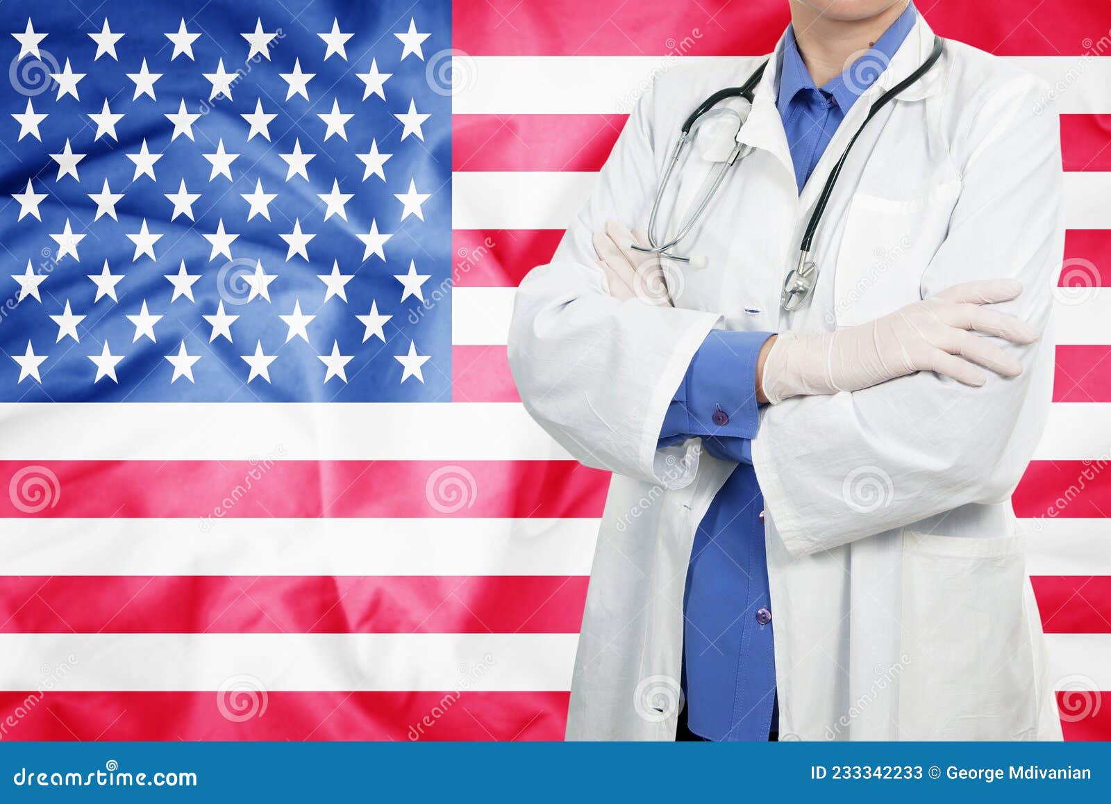 Doctor standing with flag stock image. Image of migration - 233342233