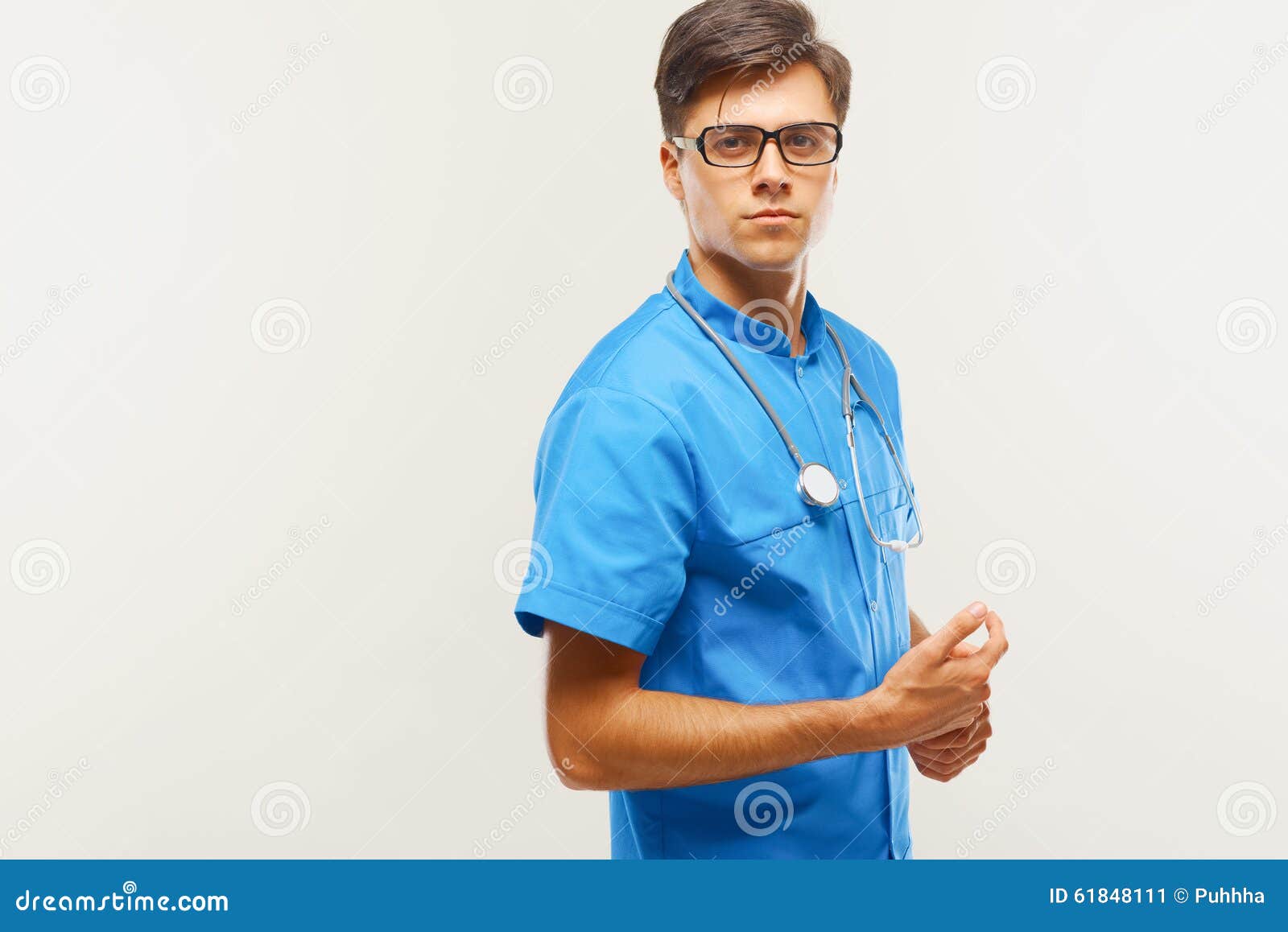Doctor with Stethoscope Around His Neck Against Grey Background Stock ...