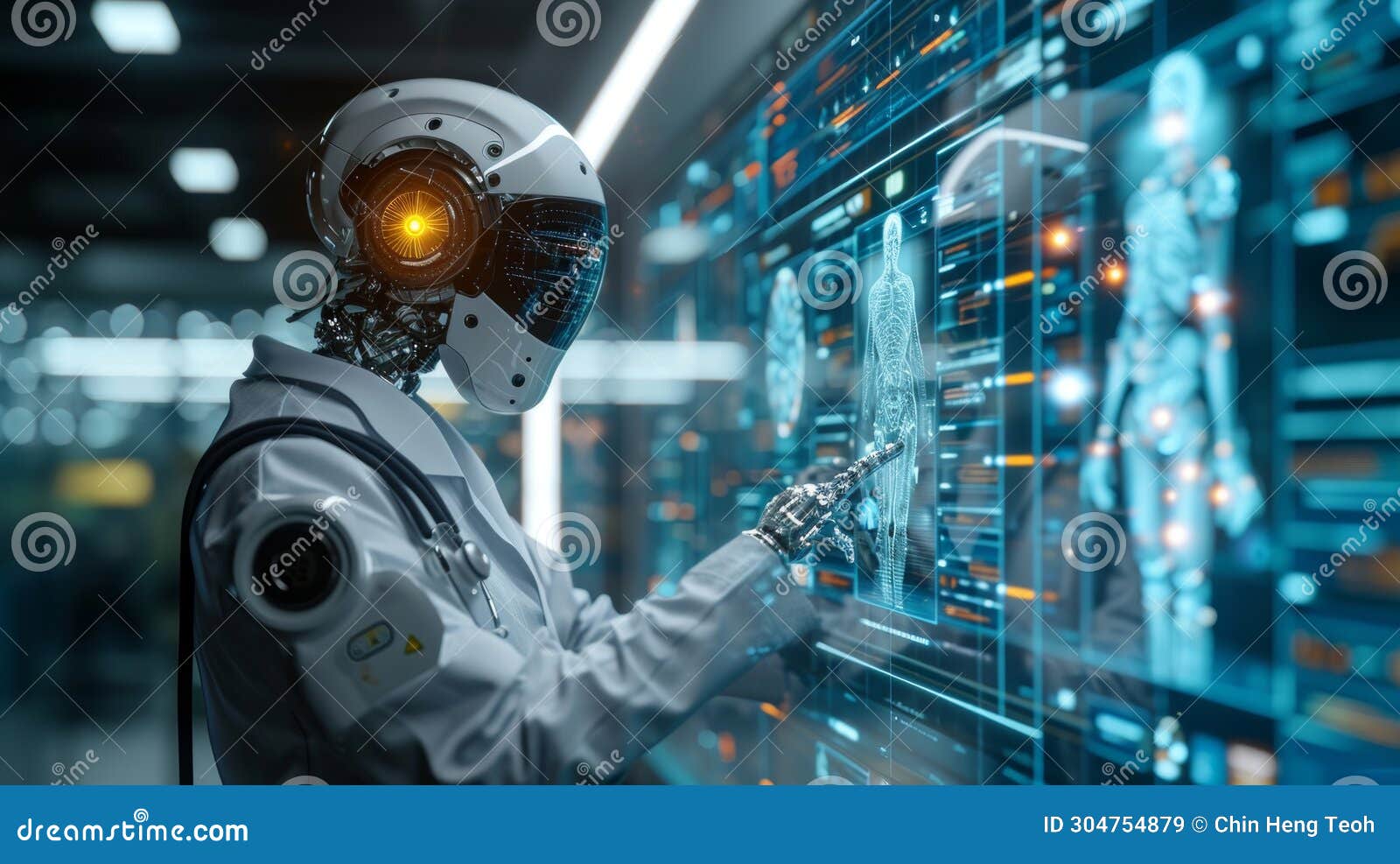 Humanoid Robot Working in Virtual Space with Hologram Screen Stock ...