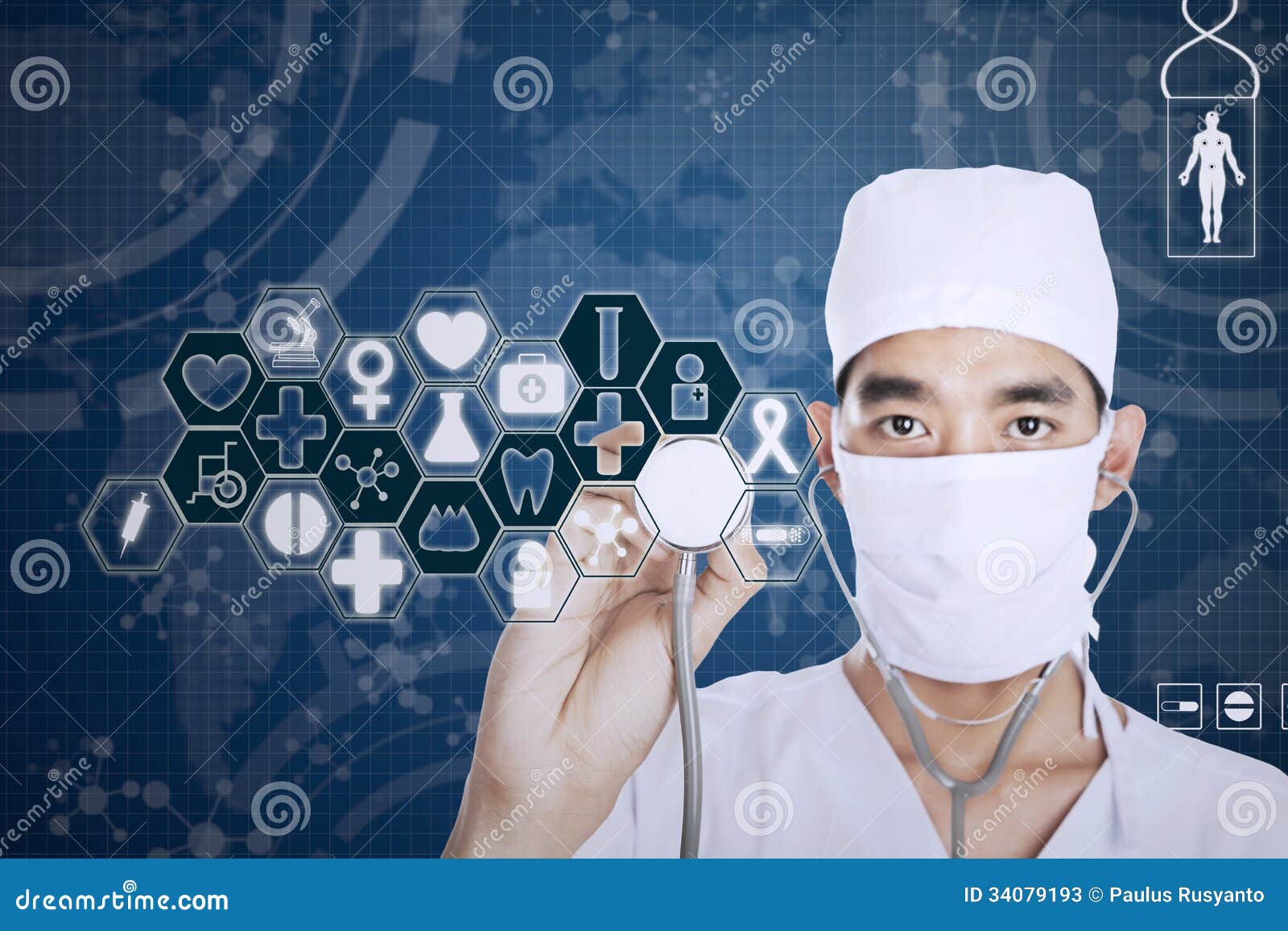 Doctor with Stethoscope and Virtual Screen Stock Image - Image of mask ...