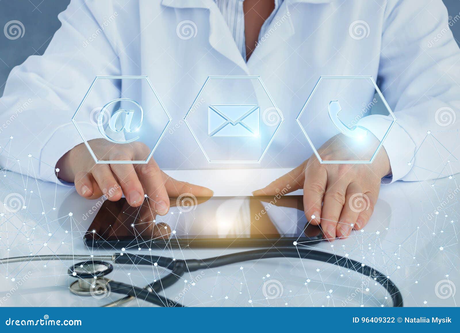The Doctor at the Table and the Contact Us Icons . Stock Photo - Image ...