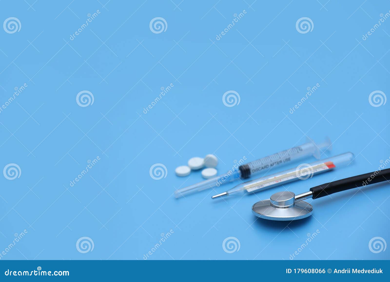 Doctor Table with Medical Items on Blue Background. Flat Lay. Medical ...