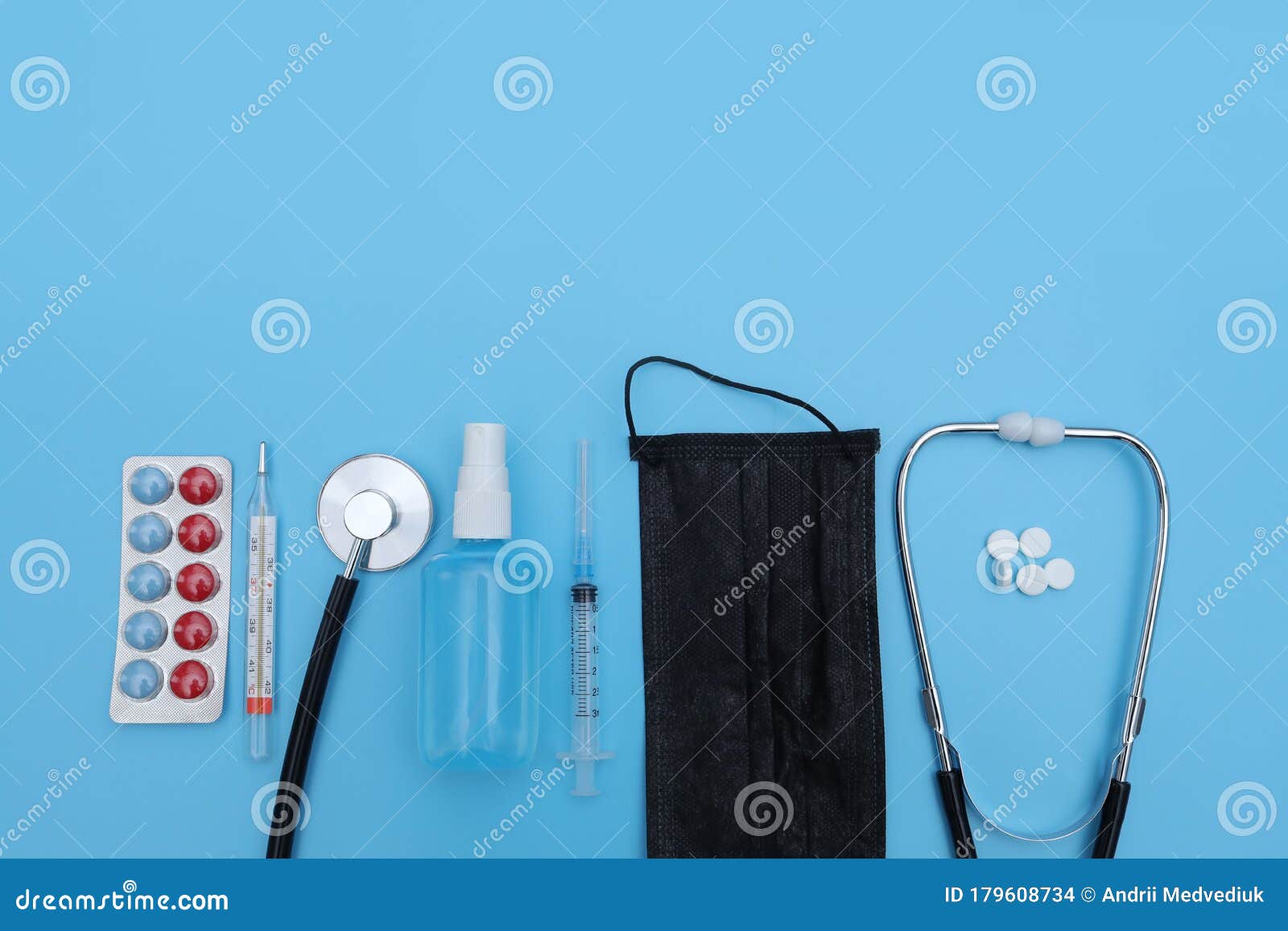 Doctor Table with Medical Items on Blue Background. Flat Lay. Medical ...