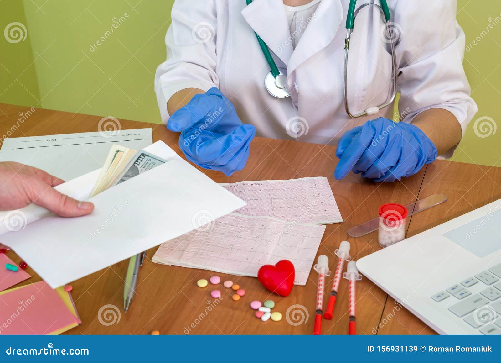 Doctor Taking Envelope from Patient with Dollars Stock Image - Image of ...