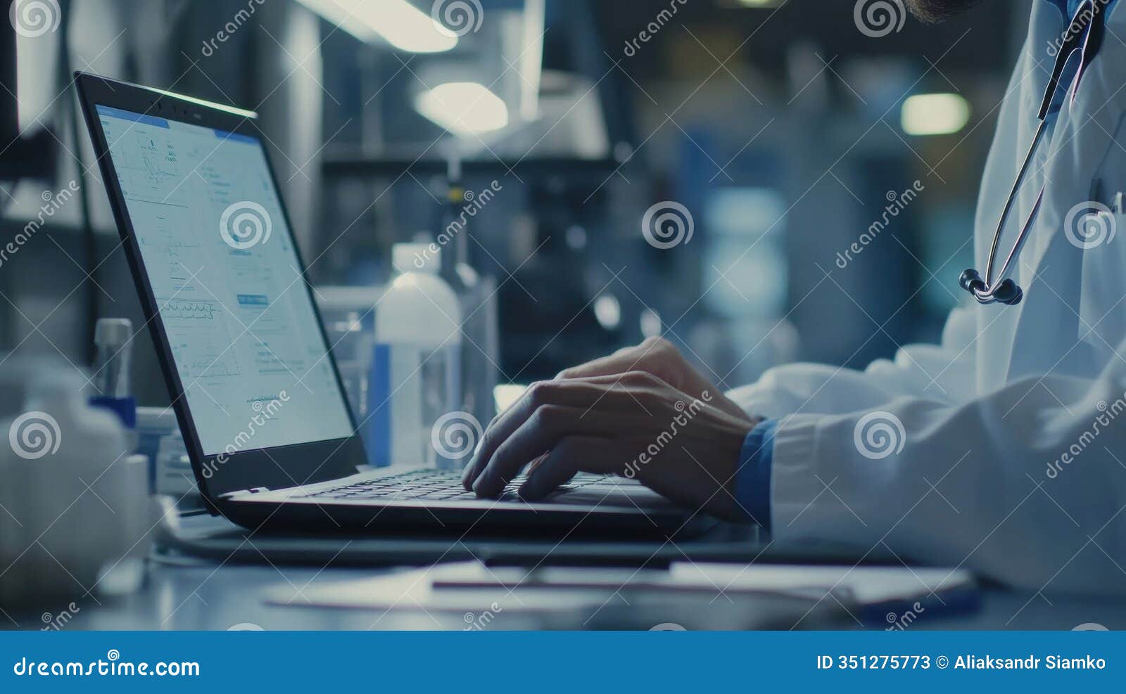 A Doctor Typing on a Laptop Computer in a Laboratory Stock Illustration ...
