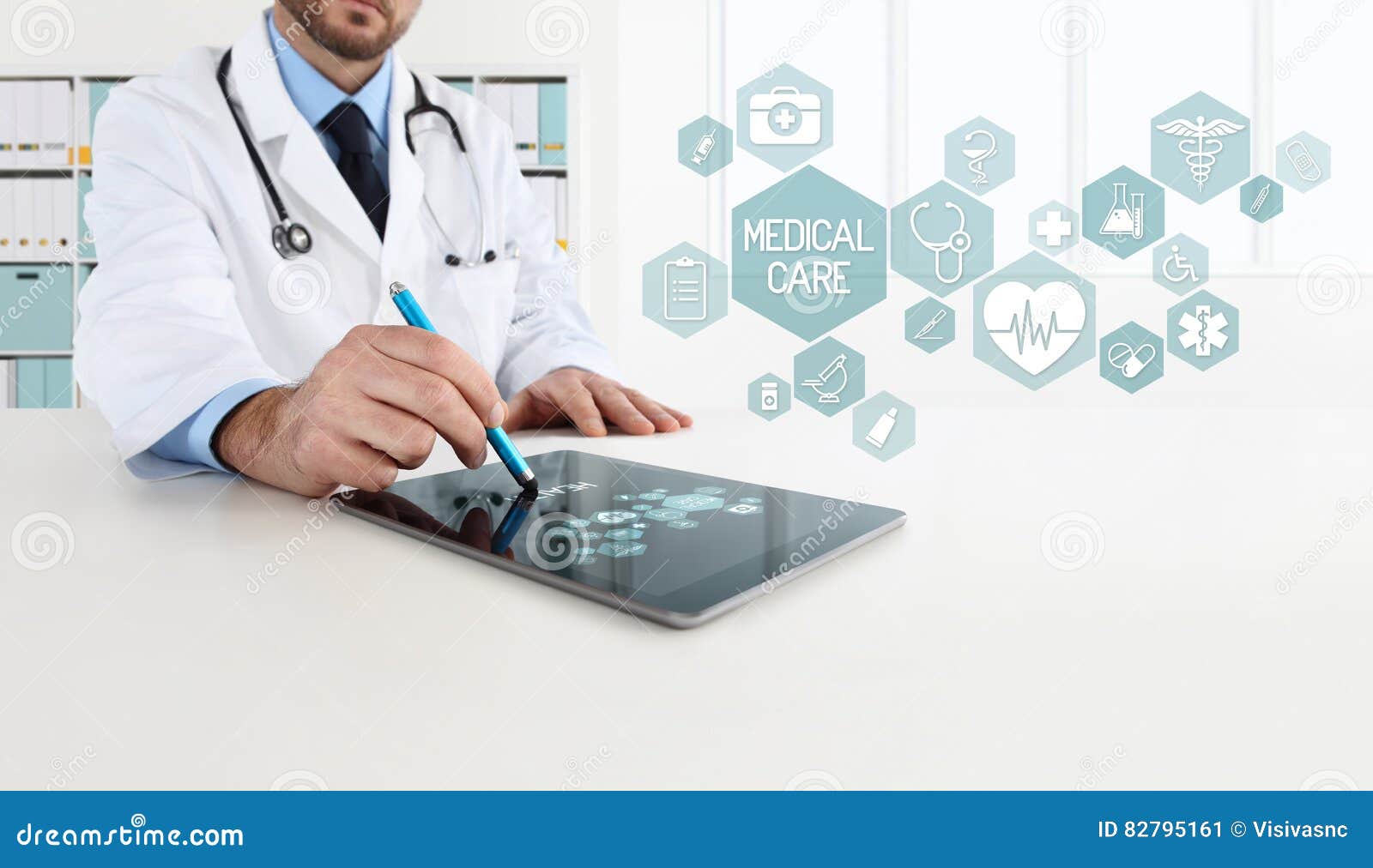 Doctor Uses the Tablet with Icons Stock Image - Image of insurance ...