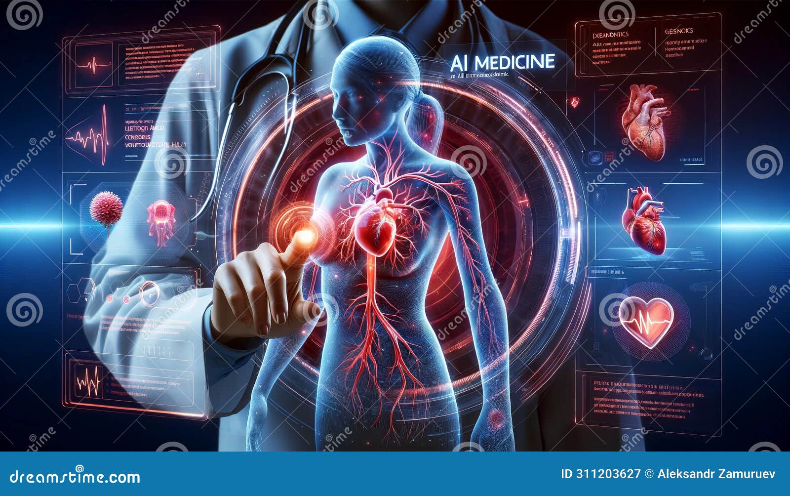 Doctor Using High Tech Diagnostic Panel Hologram Human Body and ...