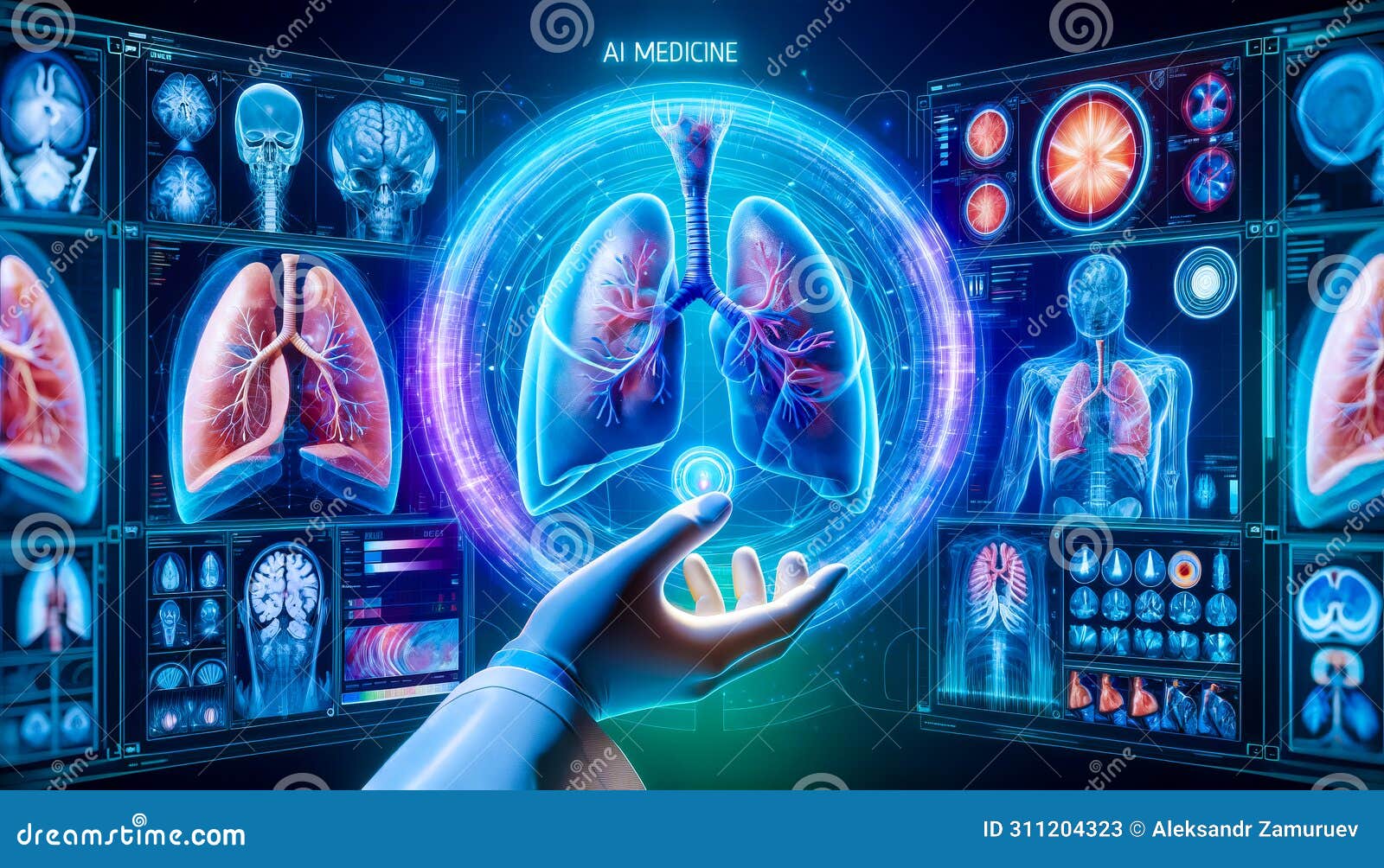 Doctor Using High Tech Diagnostic Panel Hologram Human Lungs. Modern ...