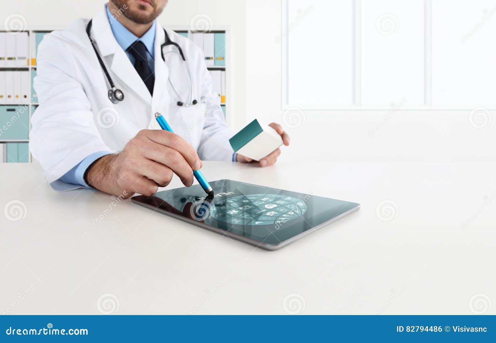Doctor Using Tablet on Desk Prescribes Medicine Stock Photo - Image of ...