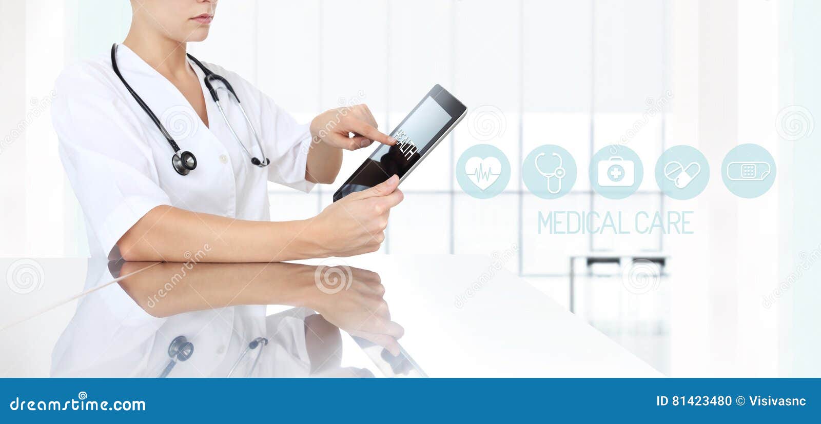 Doctor Using Tablet in Medical Office and Icons Stock Photo - Image of ...