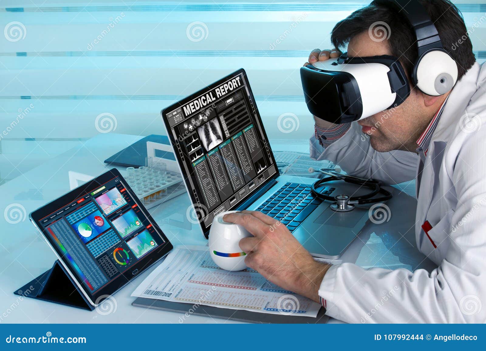 Doctor with Virtual Reality Vr Glasses and Computers Working in Stock ...