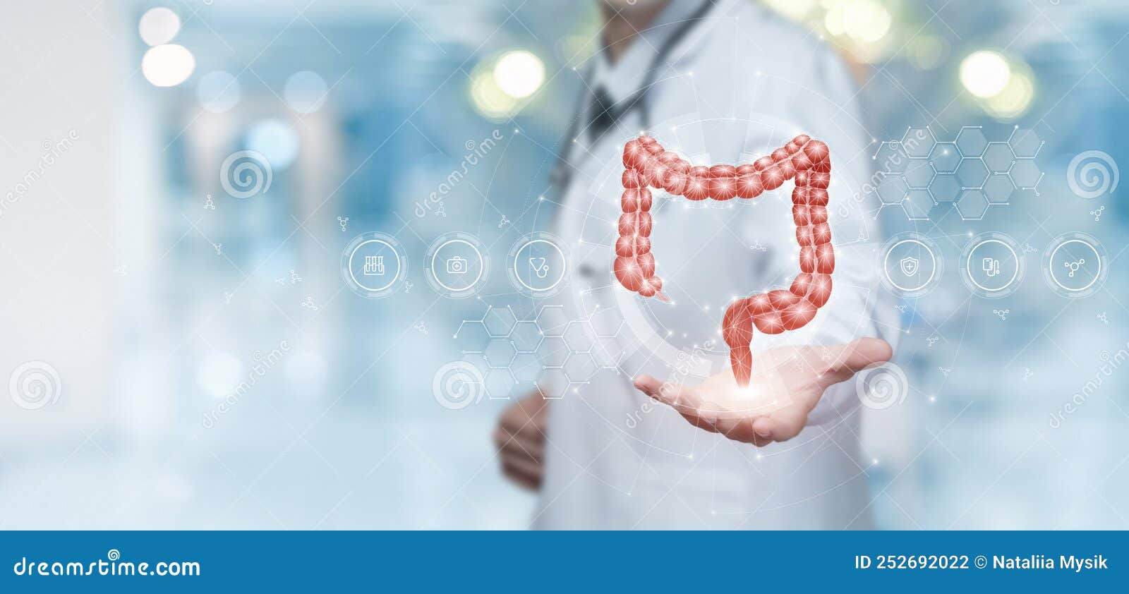 Doctor on a Virtual Screen Shows the Digestive System Stock Photo ...