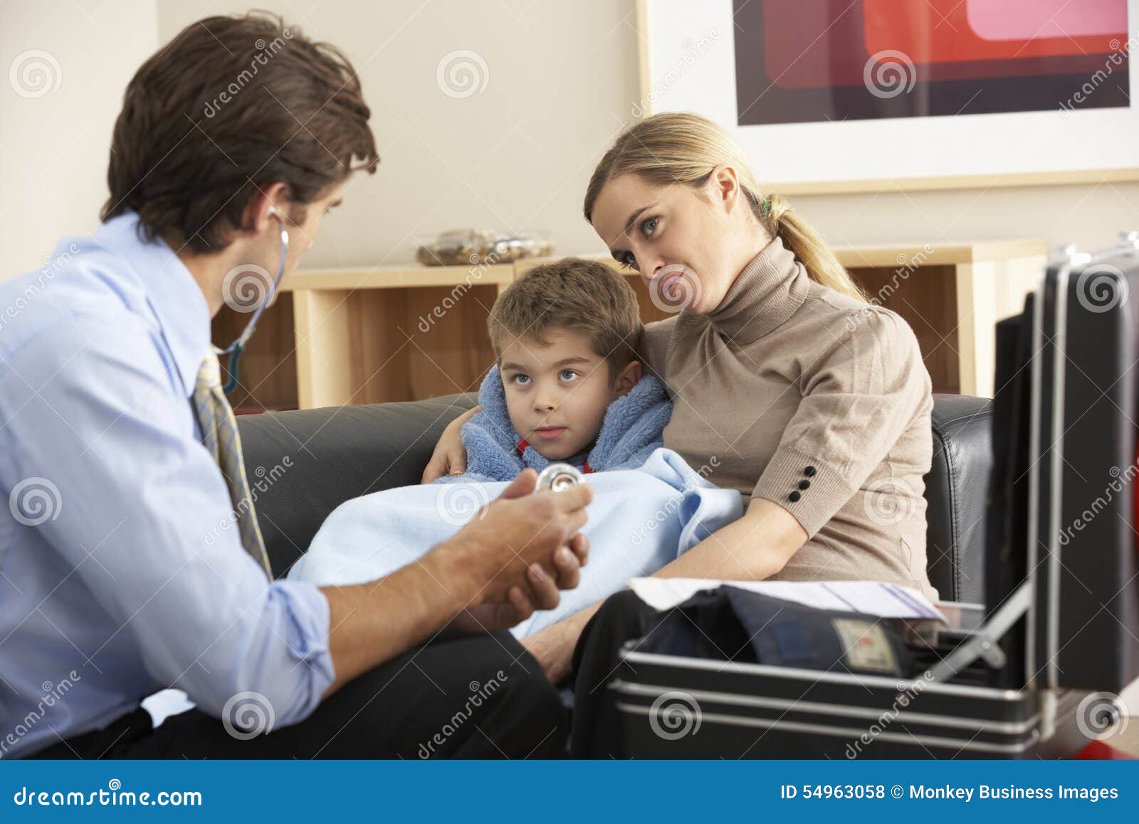 Doctor Visiting Sick Child and Mother at Home Stock Photo - Image of ...