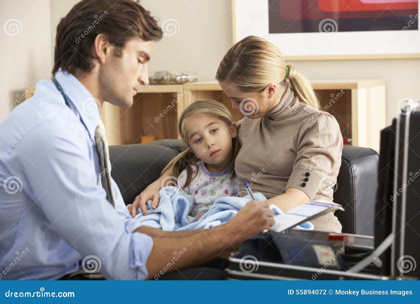 Doctor Visiting Sick Child and Mother at Home Stock Photo - Image of ...