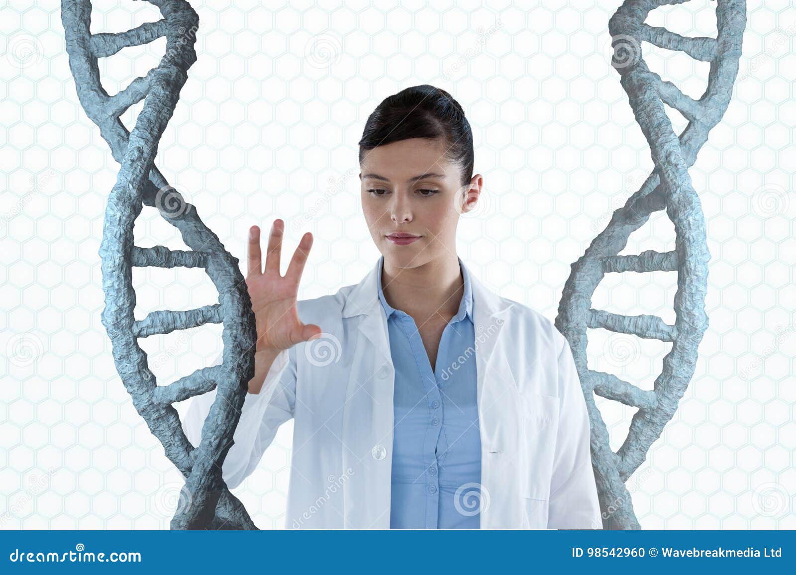 Doctor Woman Interacting with 3D DNA Strand Stock Illustration ...
