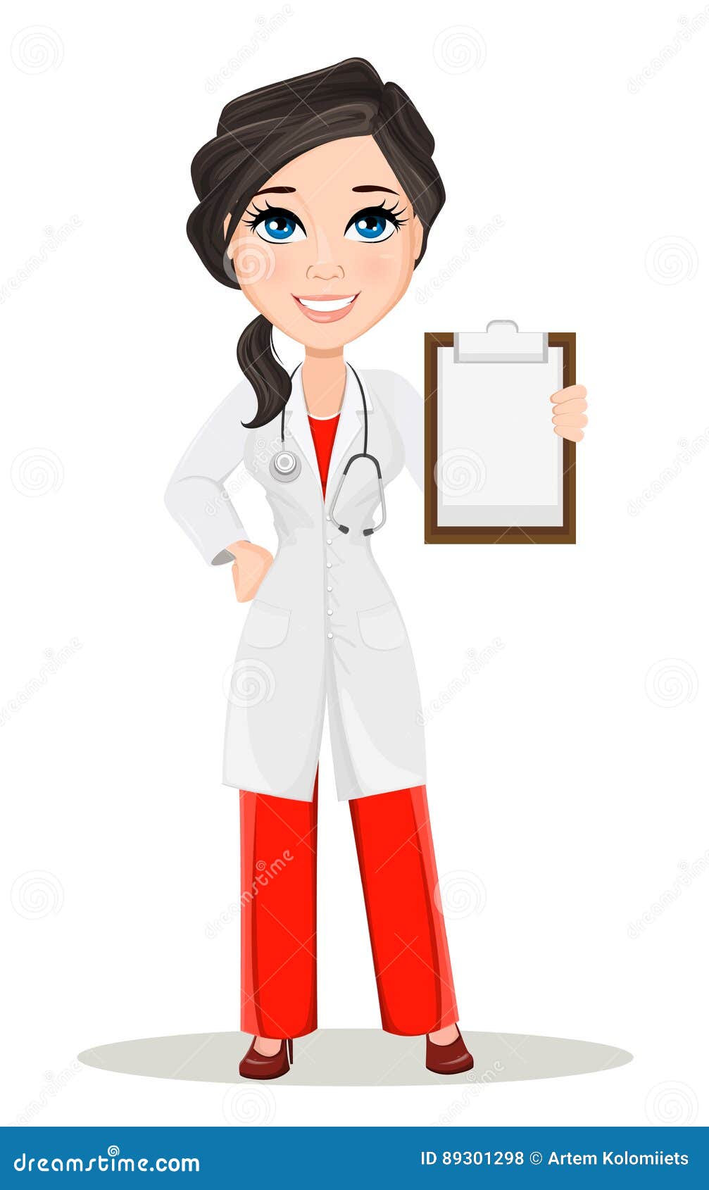 Doctor Woman With Stethoscope Cute Cartoon Smiling Doctor Character In