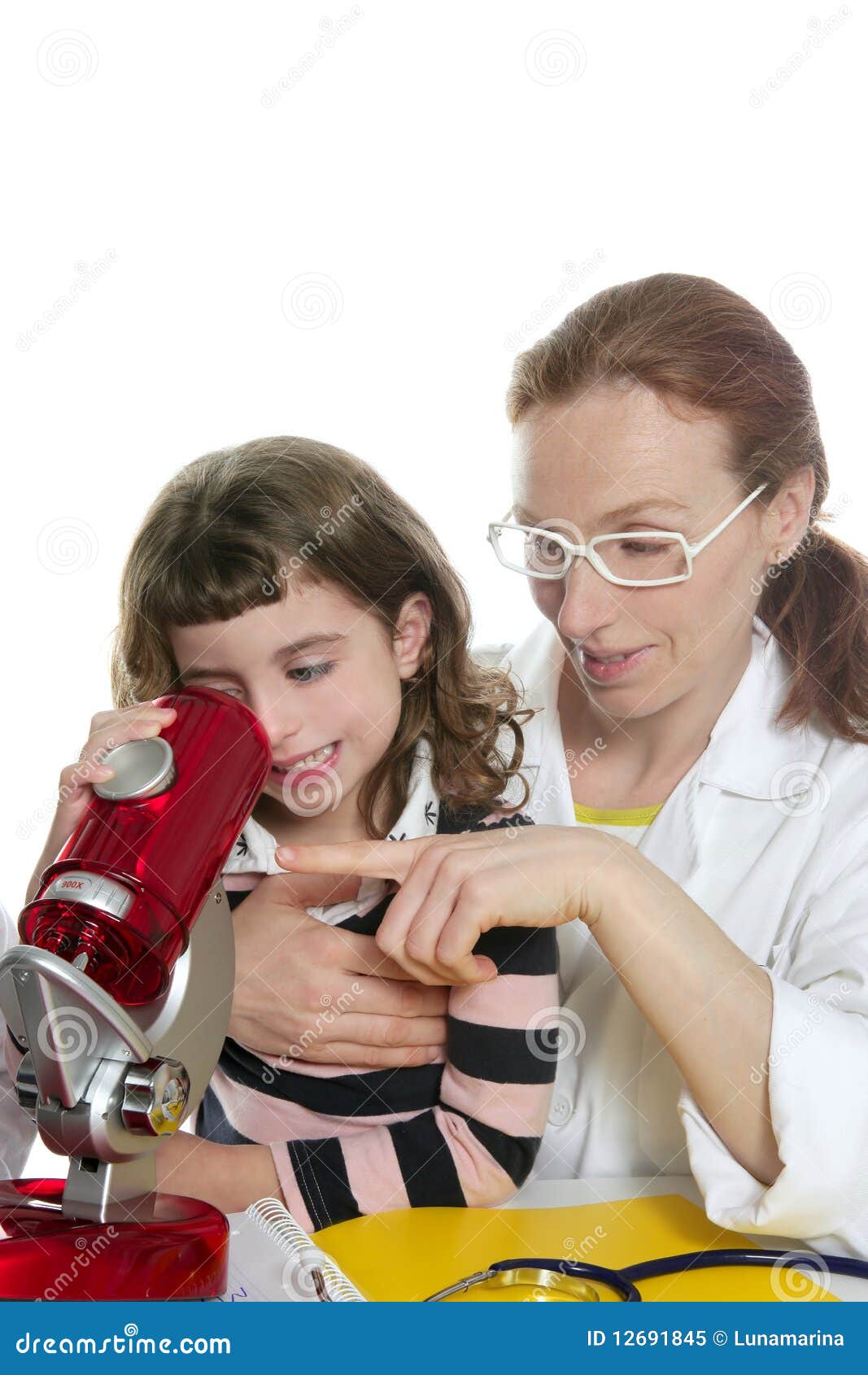 Doctor Woman Teacher and Pupil Microscope Stock Image - Image of ...