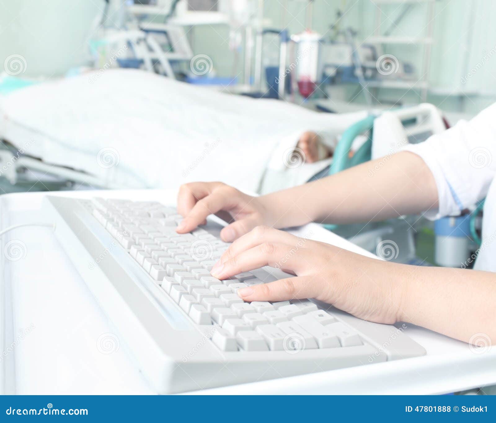 Doctor Working at Computer in Patient S Room Stock Photo - Image of ...
