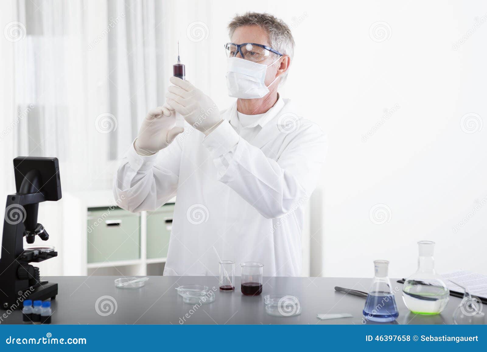 Doctor Working with Injection and Blood Stock Photo - Image of clinic ...