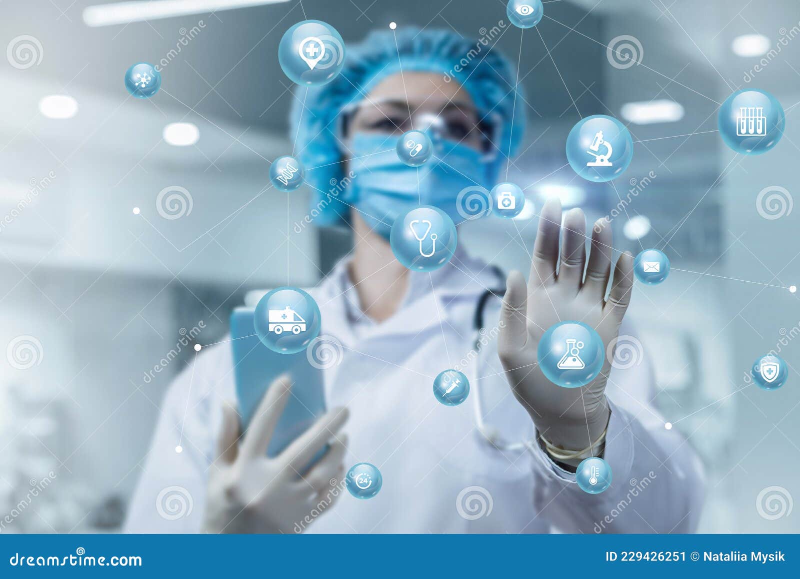 Doctor Working with a Structure of Medical Icons Connected in a Network ...