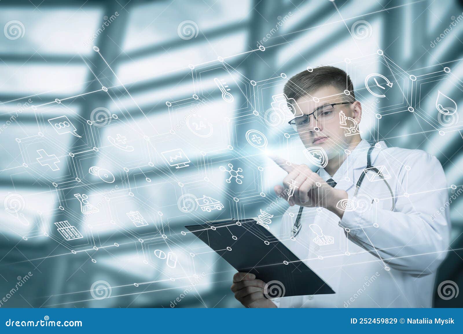 Doctor Working on Virtual Computer Screen Stock Image - Image of doctor ...