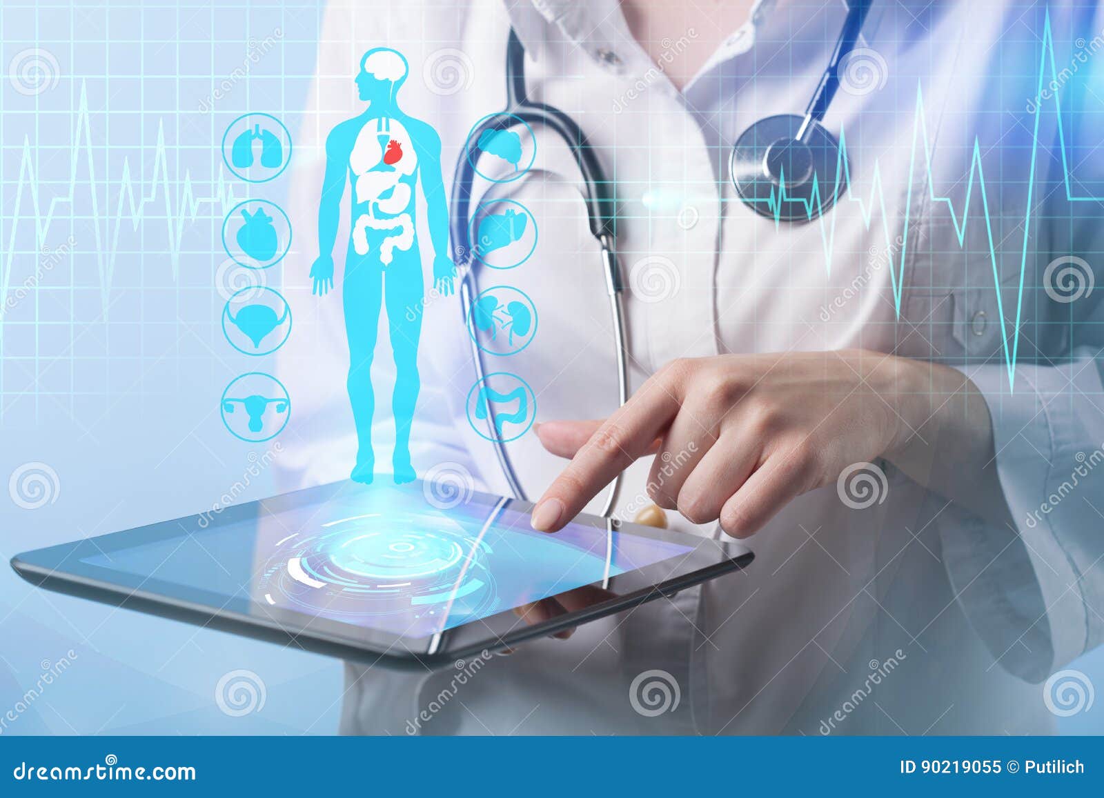 Doctor Working on a Virtual Screen. Medical Technology Concept Stock ...