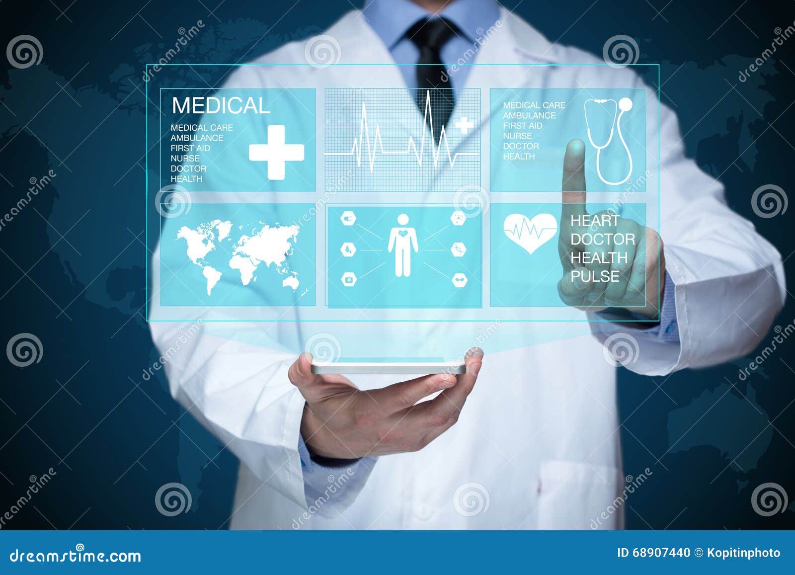 Doctor Working on a Virtual Screen. Medical Technology Concept. Pulse ...