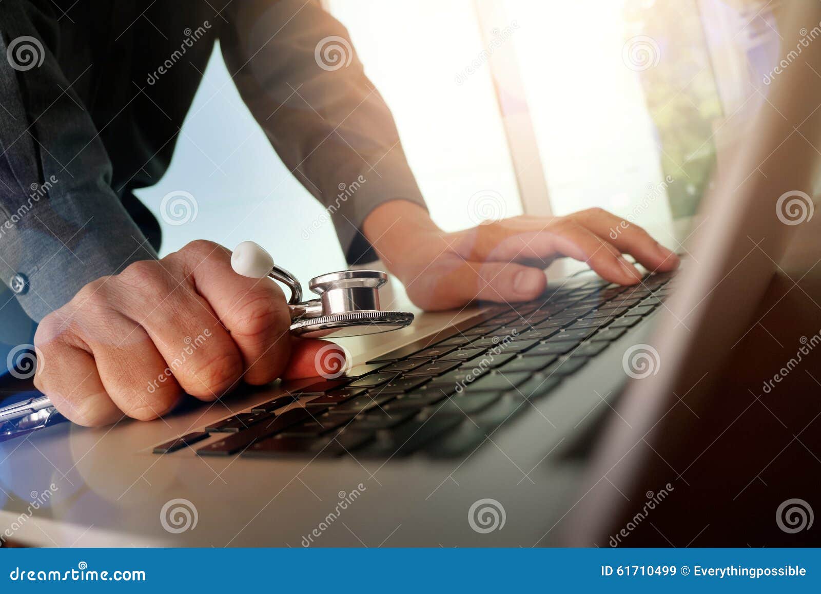 Doctor Working at Workspace with Laptop Computer in Medical Work Stock ...