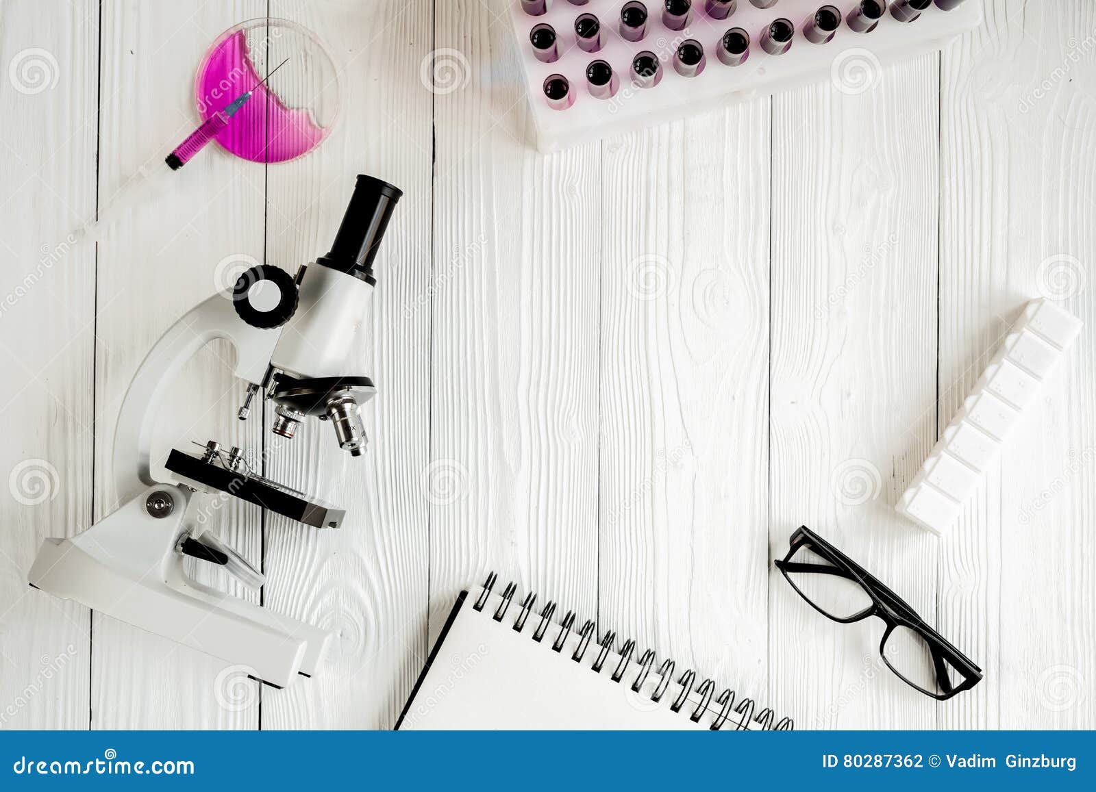 Doctor Workplace at Wooden Table in Lab Top View Stock Photo - Image of ...