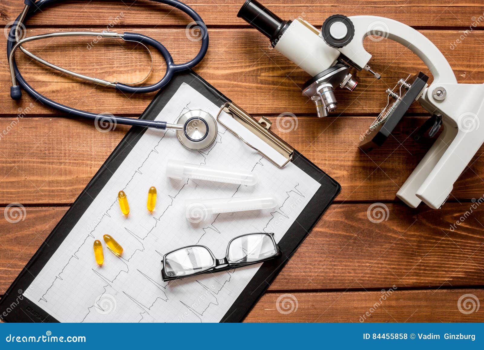 Doctor Workplace at Wooden Table in Lab Top View Stock Photo - Image of ...