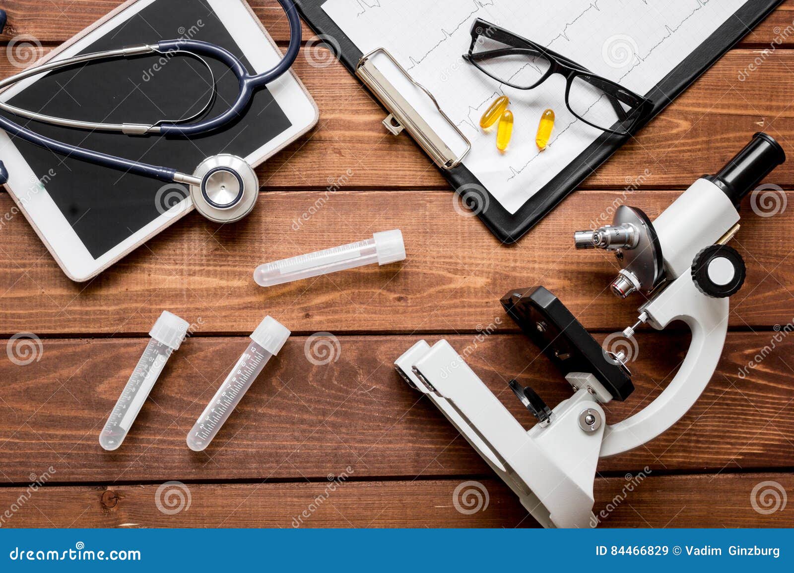Doctor Workplace at Wooden Table in Lab Top View Stock Image - Image of ...