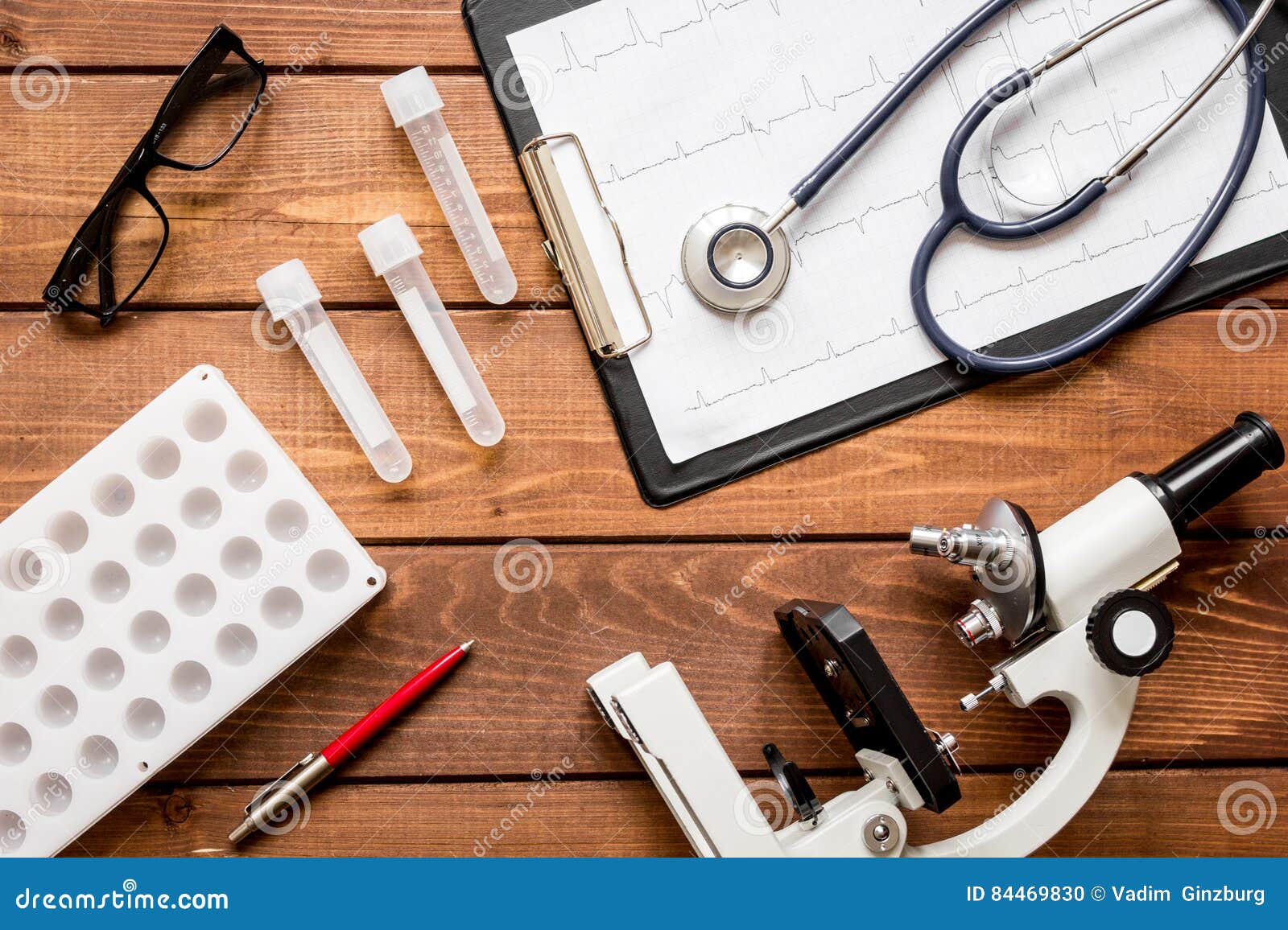 Doctor Workplace at Wooden Table in Lab Top View Stock Photo - Image of ...