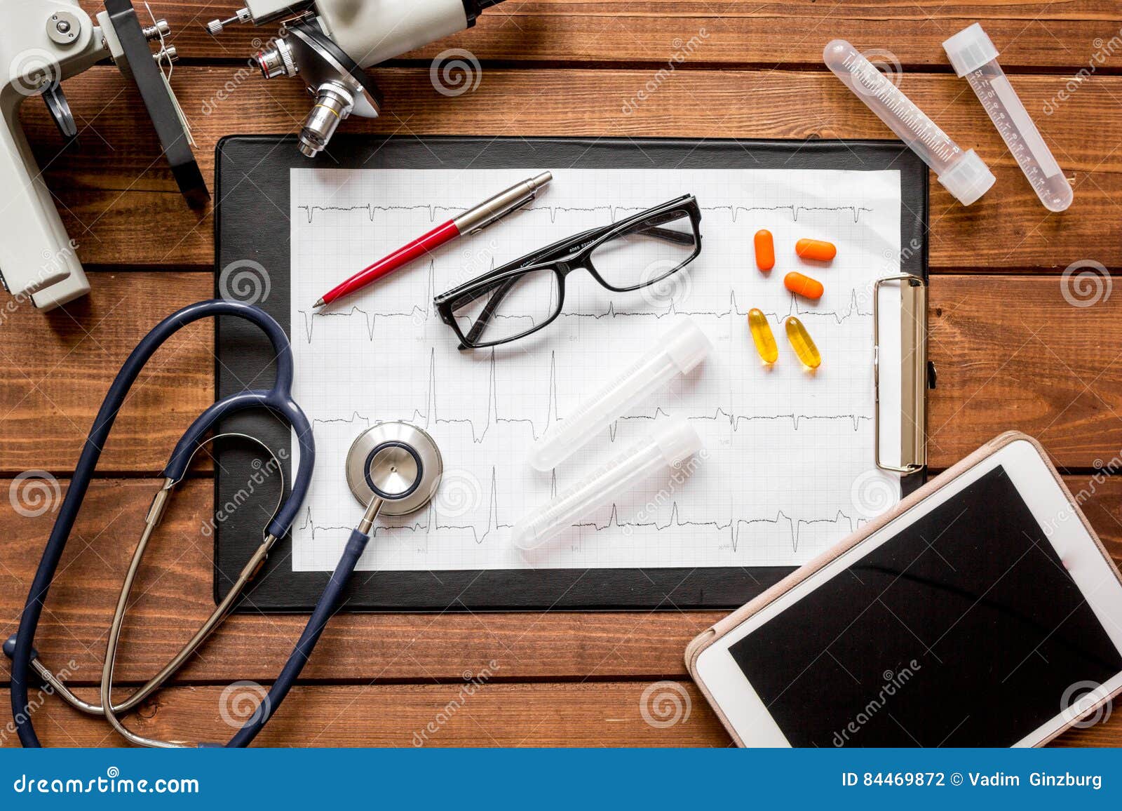 Doctor Workplace at Wooden Table in Lab Top View Stock Photo - Image of ...