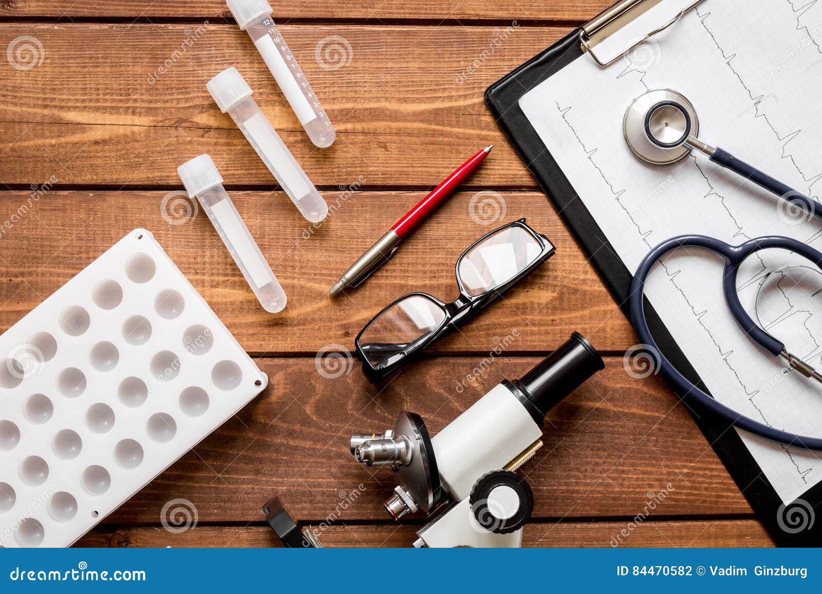 Doctor Workplace at Wooden Table in Lab Top View Stock Photo - Image of ...