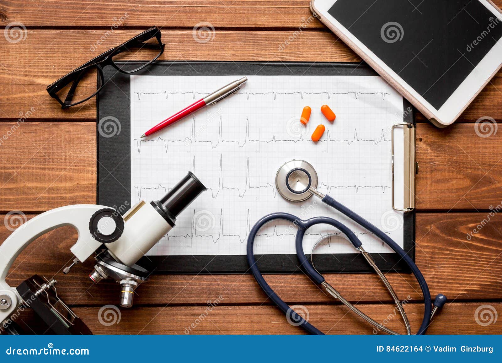 Doctor Workplace at Wooden Table in Lab Top View Stock Photo - Image of ...