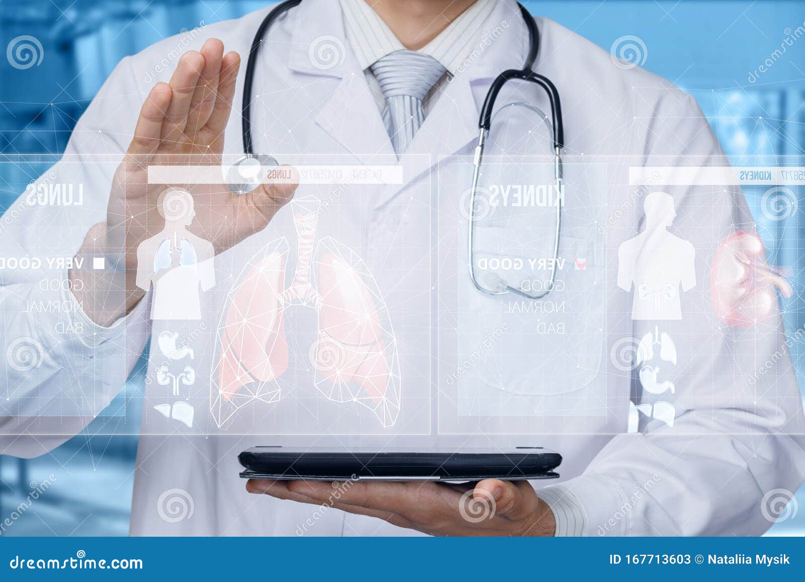 Doctor Works on a Virtual Screen with Patient Data Stock Image - Image ...