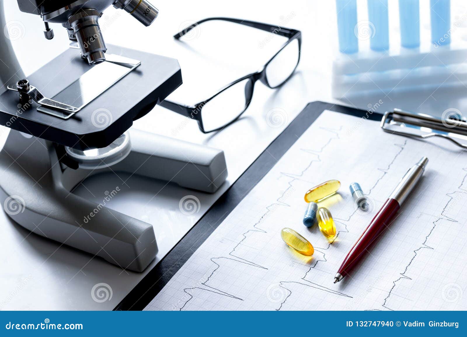 Doctors Desk with Microscope and Test Tubes Stock Photo - Image of work ...