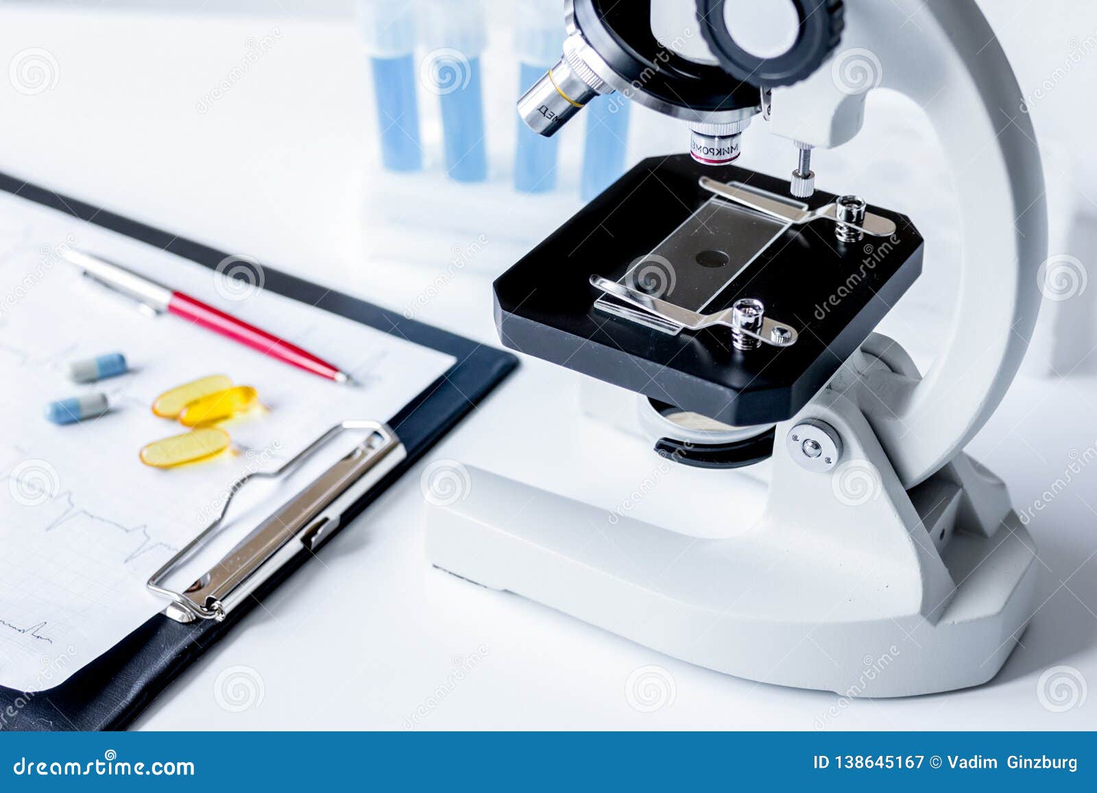 Doctors Desk with Microscope and Test Tubes Stock Image - Image of ...