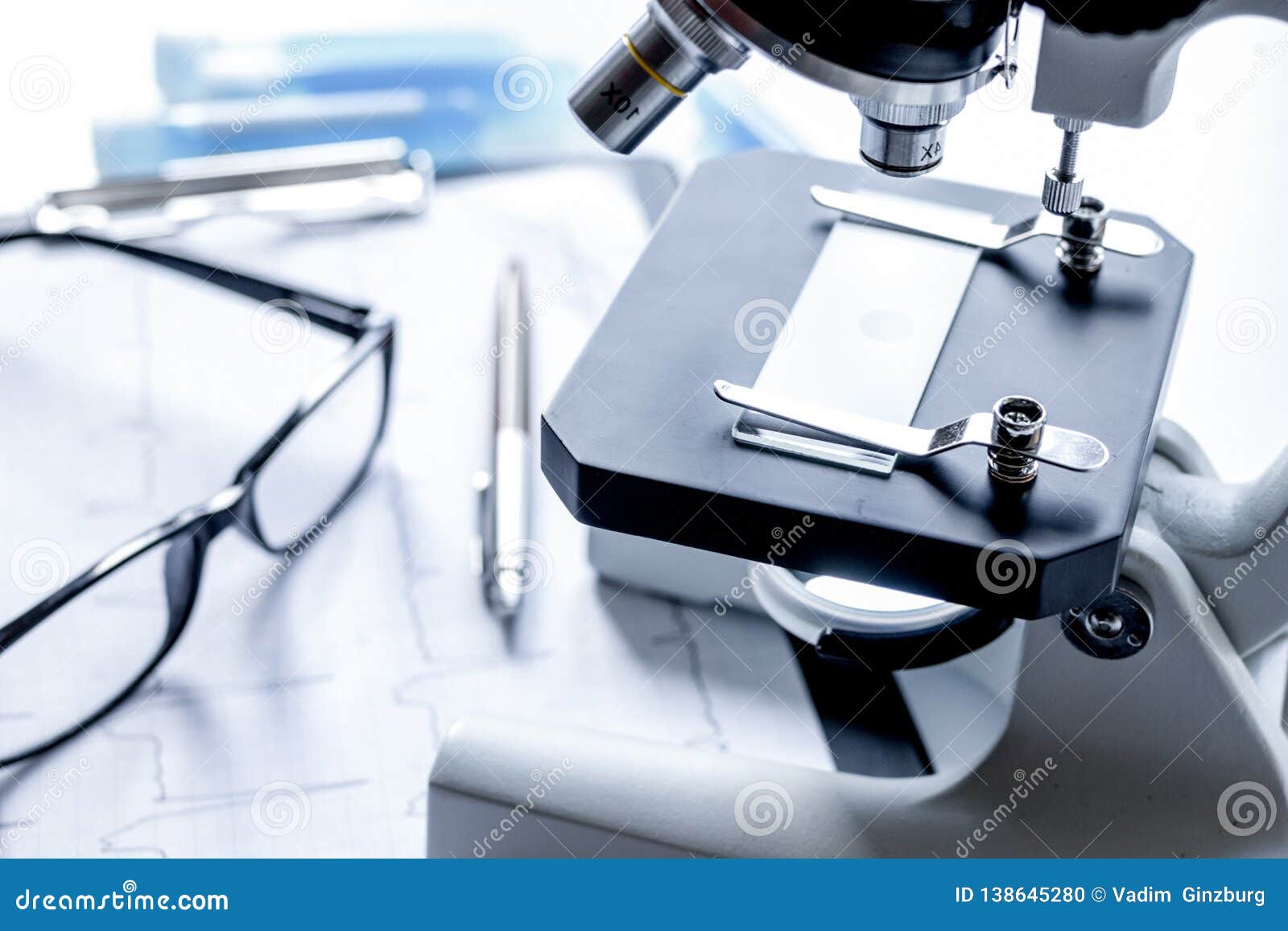 Doctors Desk with Microscope and Test Tubes Stock Photo - Image of ...