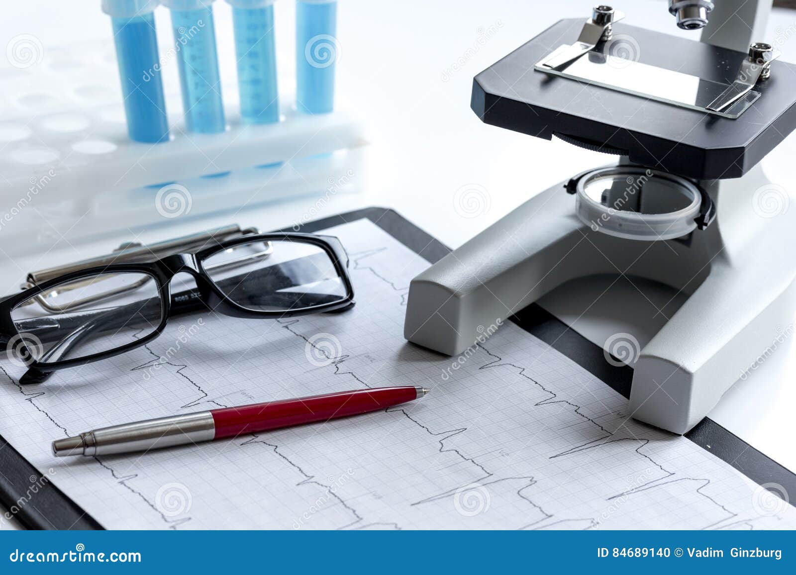 Doctors Desk with Microscope and Test Tubes Stock Photo - Image of ...