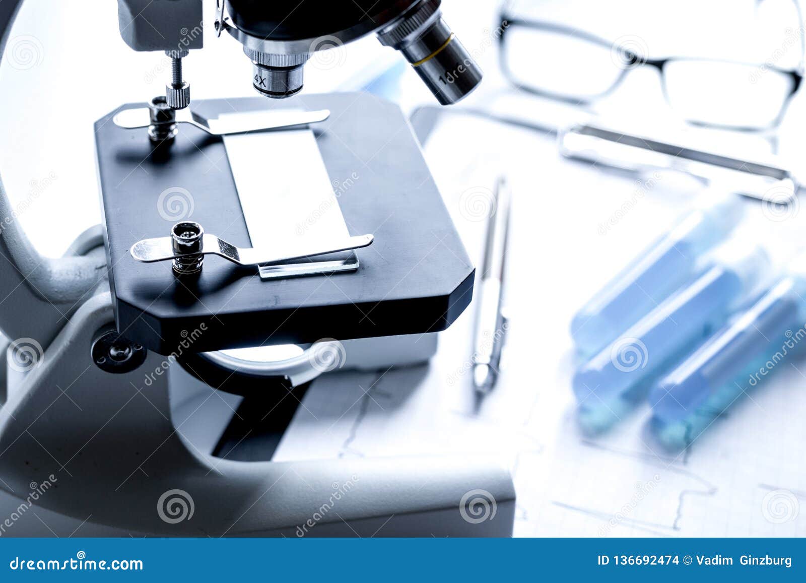 Doctors Desk with Microscope and Test Tubes Stock Photo - Image of ...