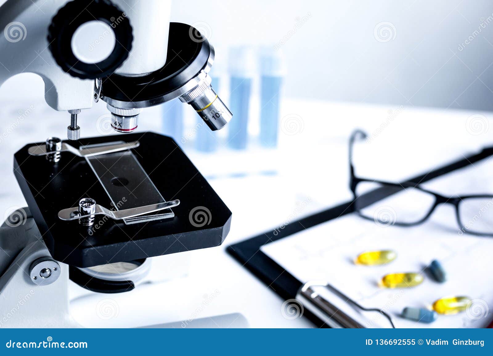 Doctors Desk with Microscope and Test Tubes Stock Image - Image of ...